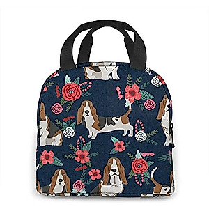 Lunch Bag Basset Hound Floral Dog Dog With Flowers Navy Blue Lunch Box Insulated Bag Tote Bag For Men/Women Work Travel
