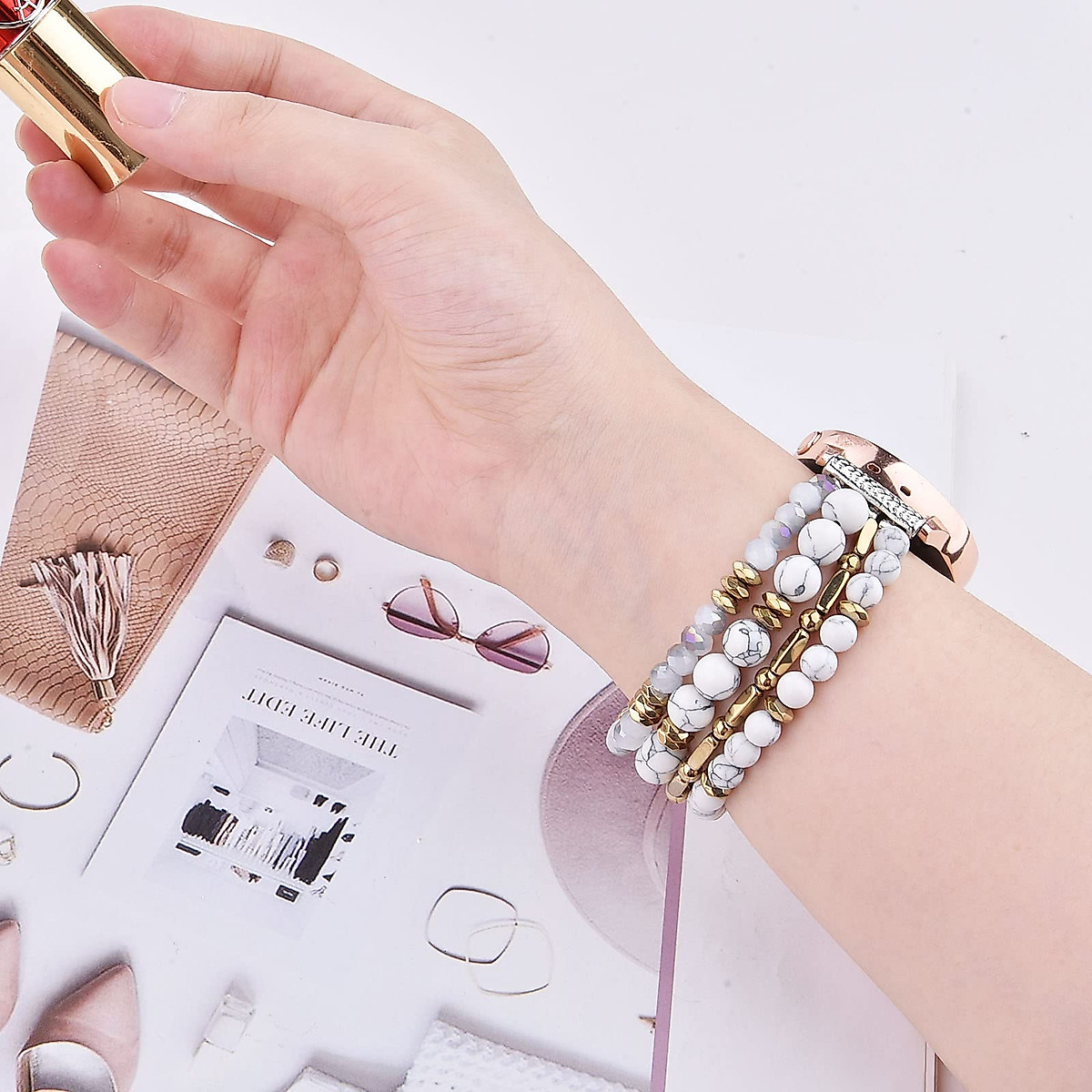 VISOOM Beaded Boho Bracelet Compatible for Samsung Galaxy Watch 7/6/5/4 40/44mm Bands/Active 2 Watch 4 Classic 42mm Band Women, 20mm Handmade Cute Elastic Crystal Beads Bracelet for Galaxy Watch 5 pro