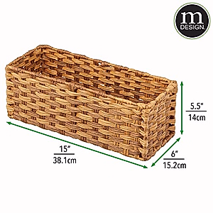 mDesign Rustic Farmhouse Woven Toilet Paper Holder Basket - Small Storage Organizer Tank Topper for Bathroom Counter or Top of Toilet - Holds 3 Rolls of Toilet Paper - Camel Brown