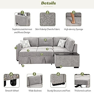 EOVTK Reversible Sectional Pull-Out Sofa Bed, L-Shaped Corner Couch with Storage Chaise, USB Ports, Power Sockets, Cup Holder for Living Room, Light Gray