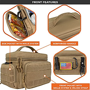 opux Tactical Lunch Box for Men, Insulated Lunch Bag for Men Adult, Large Soft Lunch Cooler with MOLLE Mesh Side Pockets, Heavy Duty Mens Tactical Lunchbox Pail for Work Meal Prep (Tan)