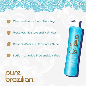 Pure Brazilian Anti-Frizz Daily Shampoo, Salt-Free, Color Safe, with Keratin, Argan Oil & Acai for Prolonged Treatment & Smooth Hair, 33.8 Fl Oz