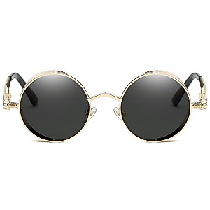 Dollger Sunglasses Unisex Vintage Steampunk Gothic Retro Metal Round Circle Frame Sunglasses 2 pairs Pack Black Frame and Gold Frame