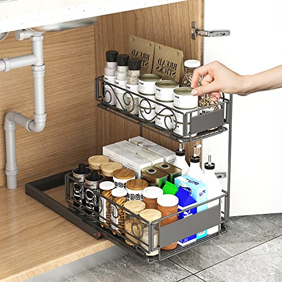 TALVADI Under Sink Organizer, Sliding Cabinet Basket Organizer, Pull Out Cabinet Organizer 2-Tier Under Cabinet Storage, Multi-Use for Under Kitchen Bathroom Sink Organizers & Storage…
