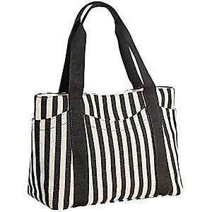 YHSHYZH Medium Tote Handbag Black & White Striped Daily Satchel Shoulder Purses with Multi-Pockets Canvas Vaction Work Tote with Zipper Spring Summer Beach Bag Gifts for Womens (M Black+White)