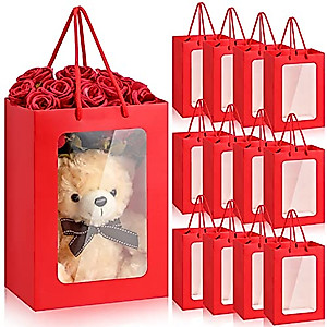 50 Pcs Paper Gift Bags with Transparent Window Clear Gift Bags Empty Gift Basket Flower Bag with Handles for Wedding Bridal Shower Thanksgiving Present Festival Party (Red, 10 x 7.1 x 5.1 Inch)