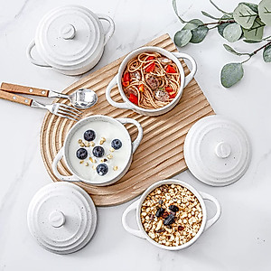 HVH 12 oz Ramekins with Lids, Mini Casserole Dish with Lid Oven Safe, Small Casserole Dish Set, Oven Safe Bowls, Mini Baking Dishes for Oven with Lids, Farmhouse Style (White)