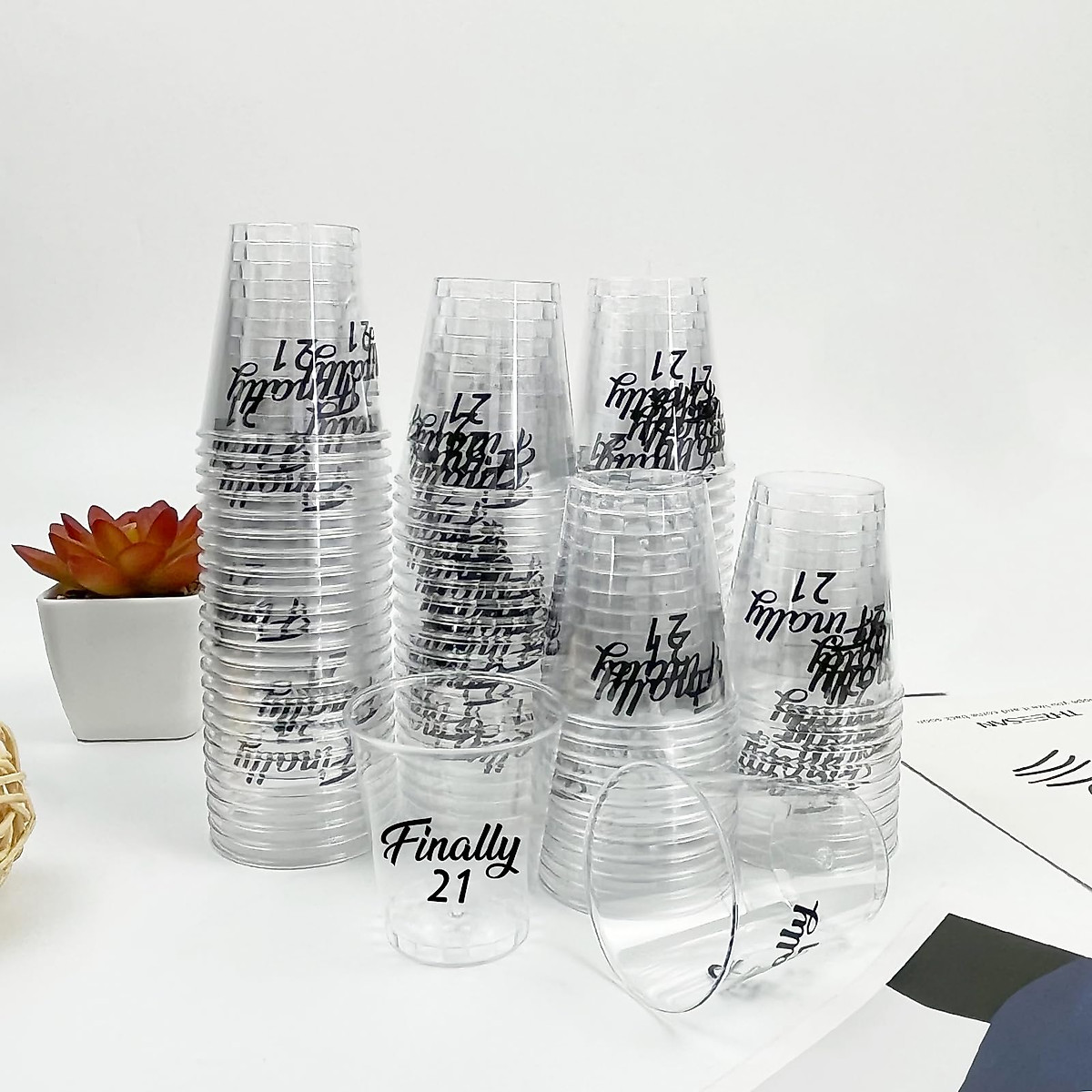 CIEOVO 100 Pieces Finally 21st Birthday Party Shot Glass, Disposable 2 oz Plastic Cups 21st Birthday Gifts Clear Tasting Cups for Him or Her Friend 21st Birthday Party Supplies
