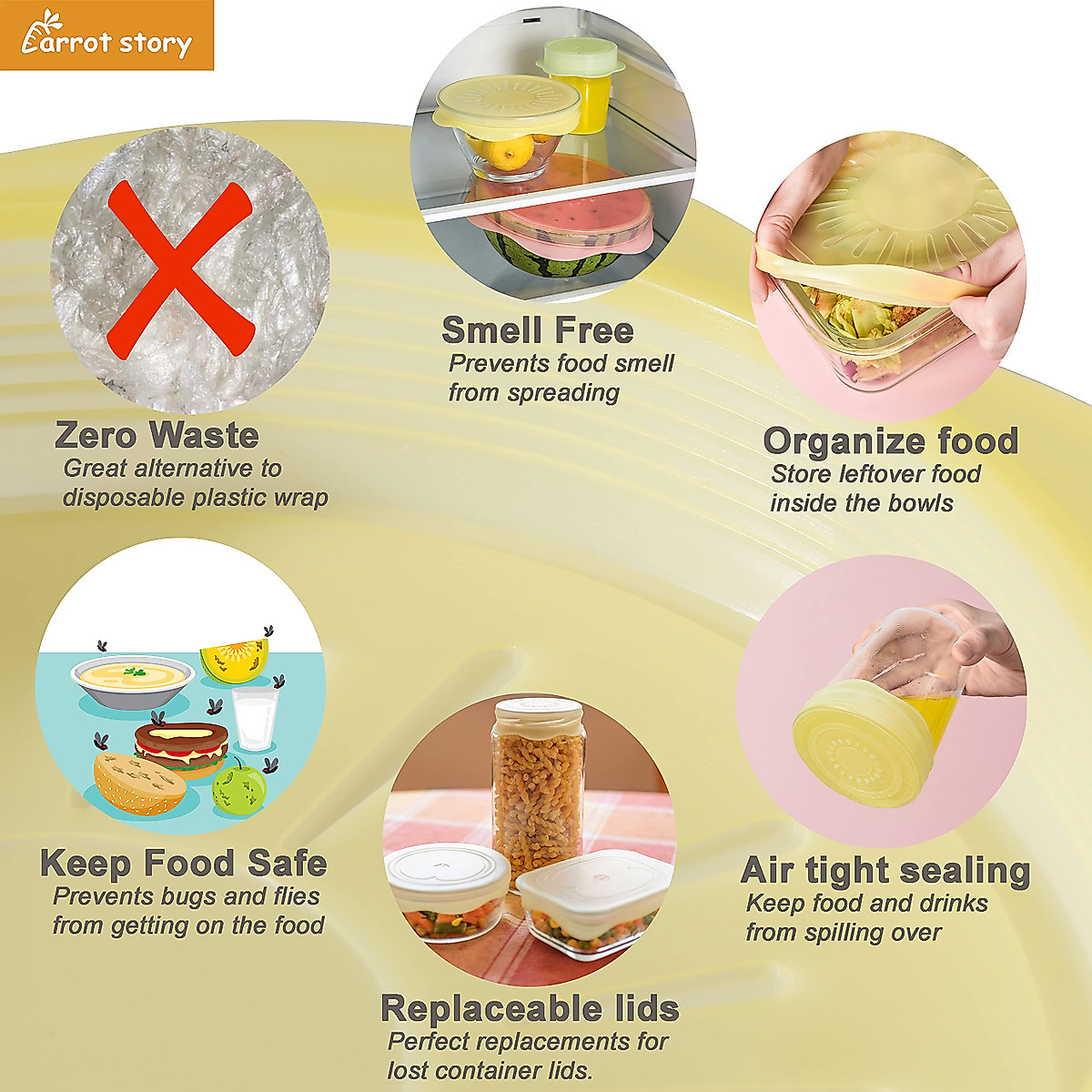 Carrot story Silicone Reusable Stretch Lids, Multipack of 10, BPA Free Reusable Stretch lids for Food Cans, Jars, Bowls, Fruits, and Vegetable, Microwave and Freezer Compatible