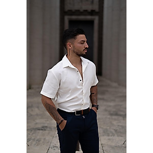 COOFANDY Men's Summer Linen Shirt - Short Sleeve, Casual Button Down, Beach Wedding - White