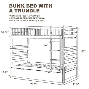 MERITLINE Twin Over Twin Bunk Bed for Kids,Detachable Wood Twin Bunk Bed Frame with Trundle,White
