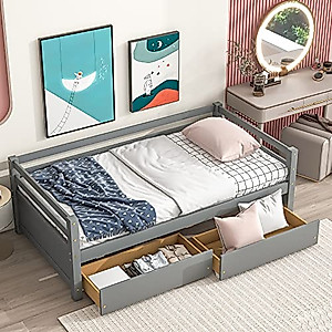 HYC Twin Daybed Frame with 2 Storage Drawers on Casters,Space Saving Furniture Wooden Day Bed Sofa Bed with Slats for Strong Support for Living Room Bedroom Gray,79.5" L x 41.8" W x 26.0" H