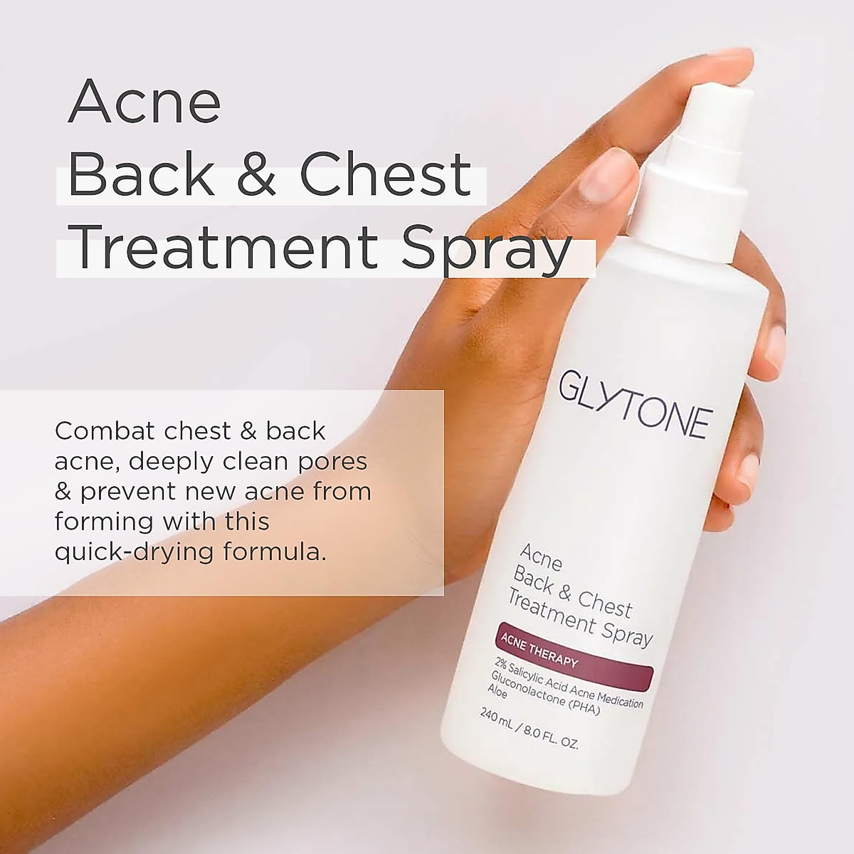 Glytone Acne Treatment Spray for Back & Chest - 2% Salicylic Acid - For Body Acne - Quick Dry, Upside Down Pump - Fragrance-Free - 8 fl. Oz.
