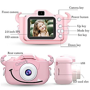 SLSFJLKJ Kids Camera with Silicone Case, Video Camera for Children with Fun Games, Kids Digital Camera with Special Effects, Rechargeable Battery, Ideal for Boys and Girls (Pink Cat 32G)