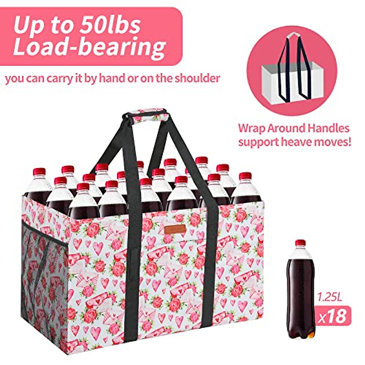 MHOMER Reusable Grocery Bags Extra Waterproof Large Tote Bag with Carrying Handles Reinforced Bottom Durable Oxford Fabric Foldable Shopping Bags for Storage Space Saving Red Heart Pattern