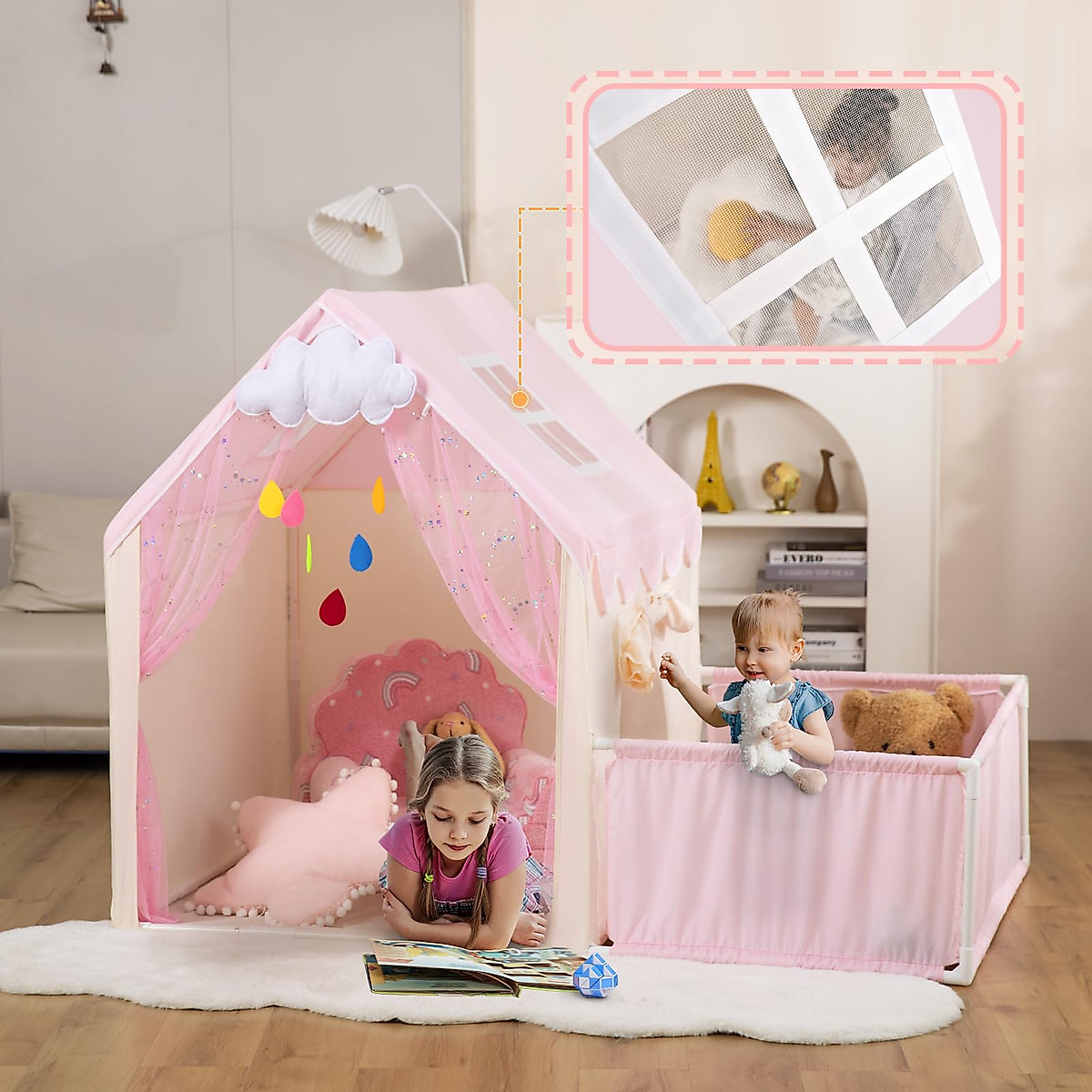 Large Indoor Play Tent for Kids Room - Playhouse with Windows for Boys & Girls, Imaginative Toddler Fort for Ages 2-6, Children's Decorative Hideaway (Pink)