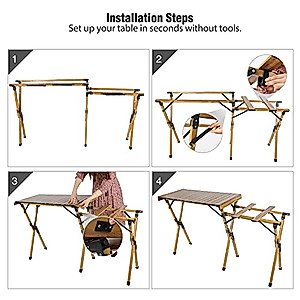 REDCAMP Aluminum Camping Kitchen Table, Portable Roll Up Picnic Table for Outdoor BBQ Garden Patio, Wood Color