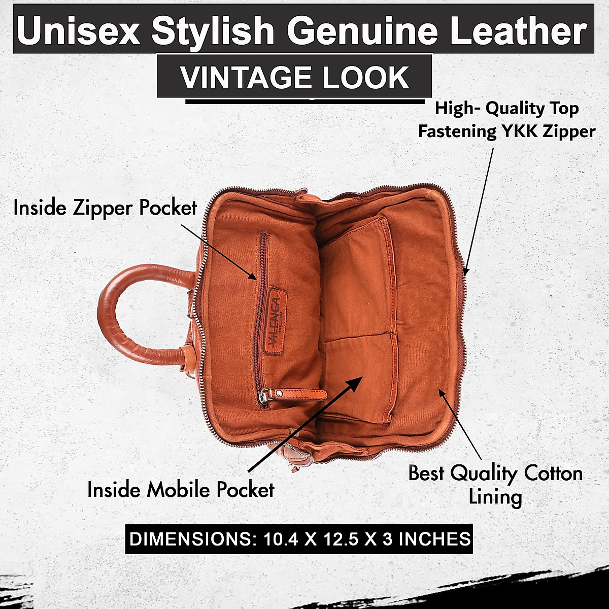 VILENCA HOLLAND 12.5 Inch Genuine Leather Backpack for Women and Men, Cognac Leather Backpack with Adjustable Shoulder Strap