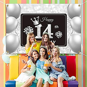PAKBOOM Happy 14th Birthday Backdrop Banner - 14 Birthday Party Decorations Supplies for Boys Girls - Silver 3.9 x 5.9ft