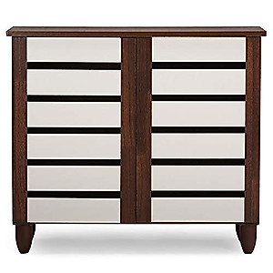 Pemberly Row Contemporary 2 Door Shoe Cabinet in Dark Oak and White