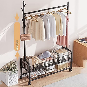 OTBK Rolling Metal Coat Rack Two Shelves Clothing Hooks Garment Rack Organizer with Wheels Bottom Shelves for Clothes Hats Bags (Color : Black)