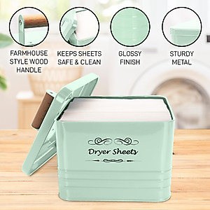 ELITAPRO Dryer Sheets Holder for Laundry Room - Farmhouse Dryer Sheet Box with Lid - Laundry Room Decor & Accessories - Metal Dryer Sheet Container for Laundry Room Organization & Storage (Mint)
