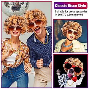Frienda 4 Pcs 70s 80s Disco Wig Costume Set,Includes Disco Hippie Short Curly Wig,Disco Sunglasses,Moustache and Faux Gold Chain Necklace Afro Brown Wig for Disco Men Women Party