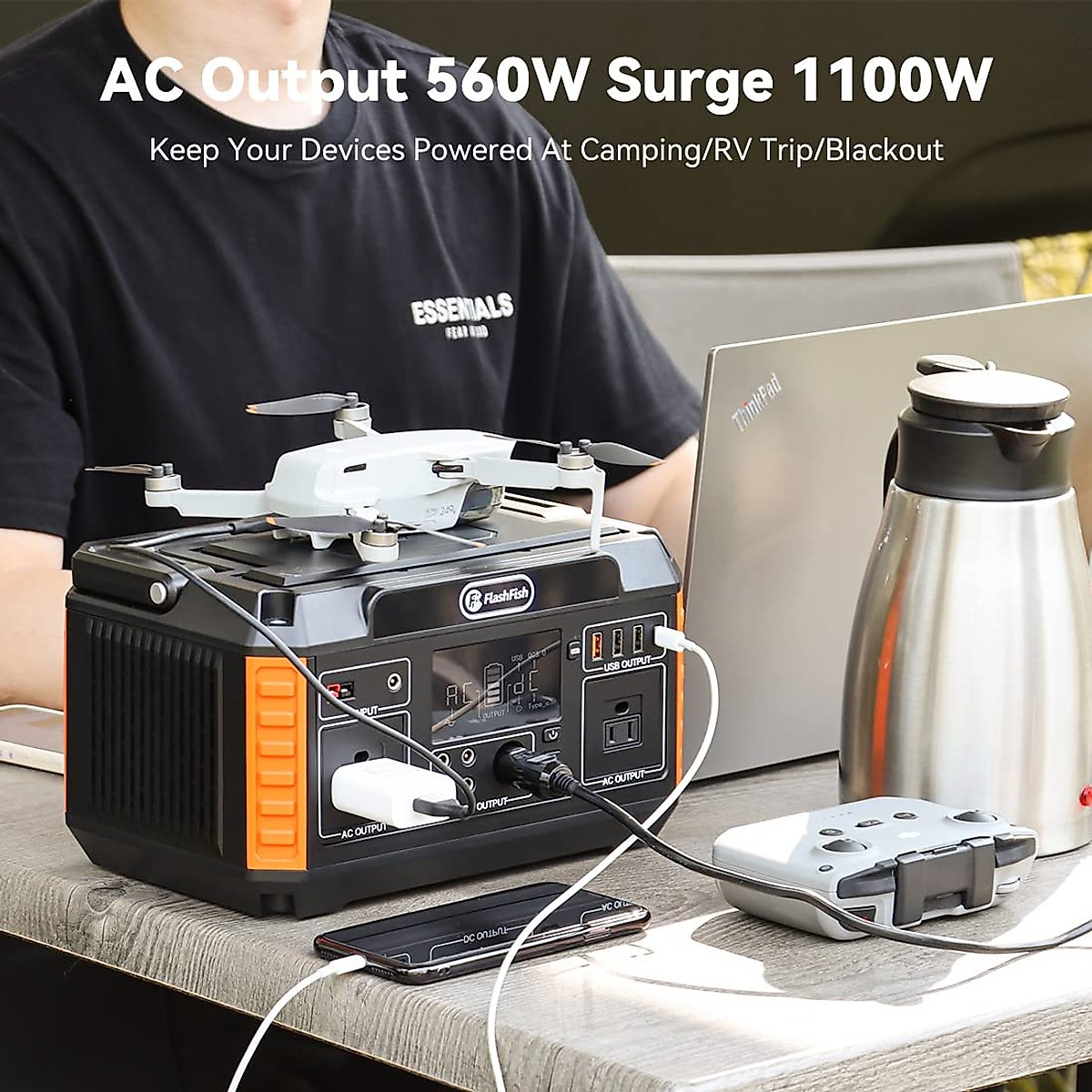FF FLASHFISH 560W Portable Power Station, 520Wh/140400mAh Solar Generator With 2x110V/560W Surge 1100W AC Outlets, 5xDC Output and 4xUSB Outputs, Backup Power CAPA Battery For Camping/Home/Blackout