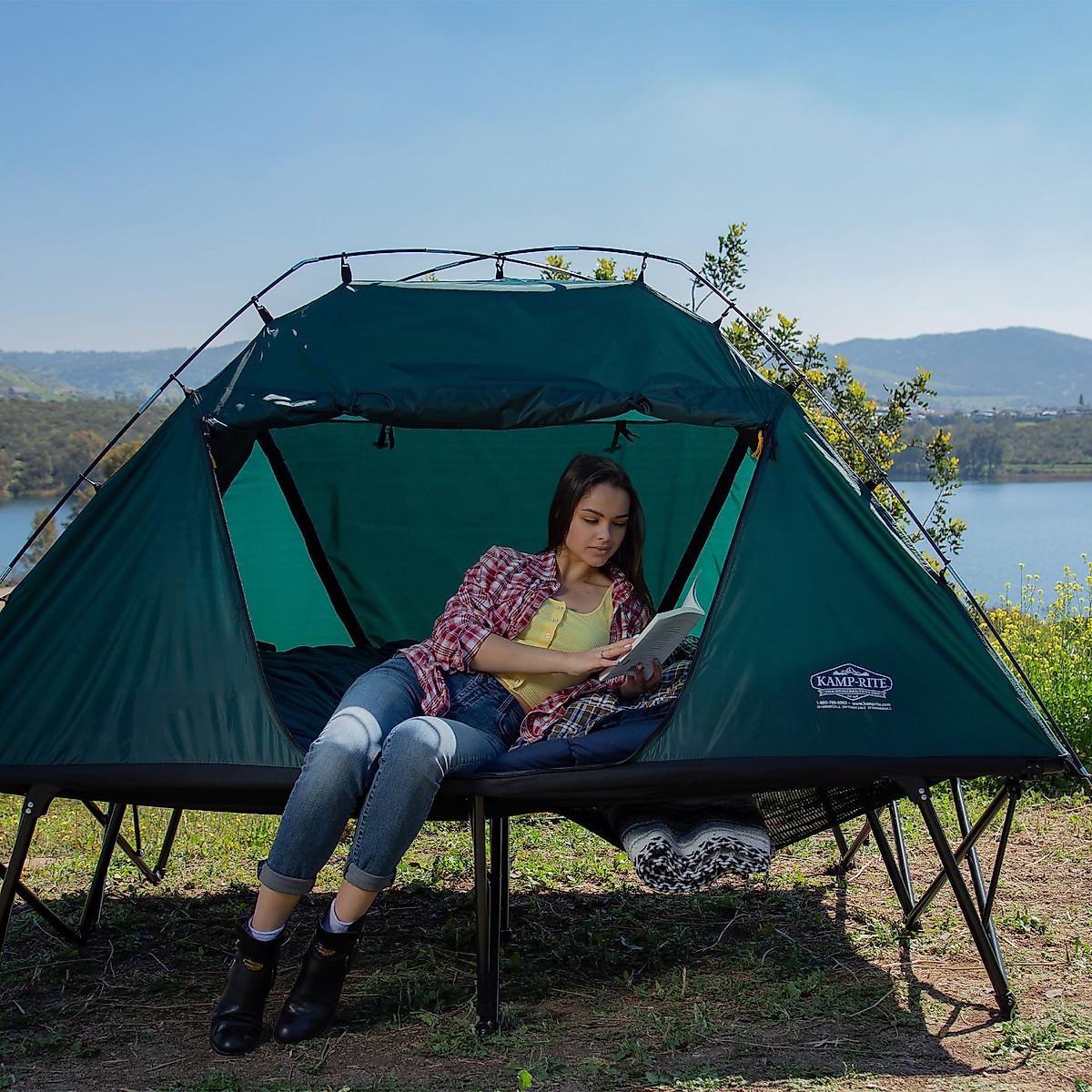 Kamp-Rite Double CTC Compact Quick Setup 2 Person Tent Cot, Chair and Tent with Rain Fly, 600 D Roller Wheeled Carry Bag & 190T Carry Bag, Green