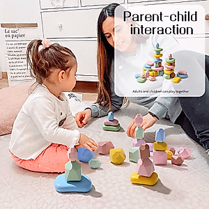 OESSUF 34PCs Stacking Rocks Balancing Stacking Stones Wooden Stacking Toys Wooden Stone Stacking Game for Toddler Wood Sorting Montessori Stacking Rocks for Kids