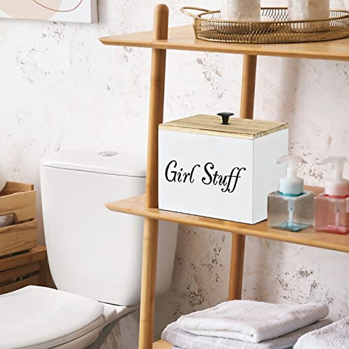 Tampon Storage Bathroom Container with Lid, Tampon Holder for Bathroom, Countertop Organizer Storage Box Tampons and Pad Organizer, Wood Movable Partition Feminine Product Organizer for Cosmetics