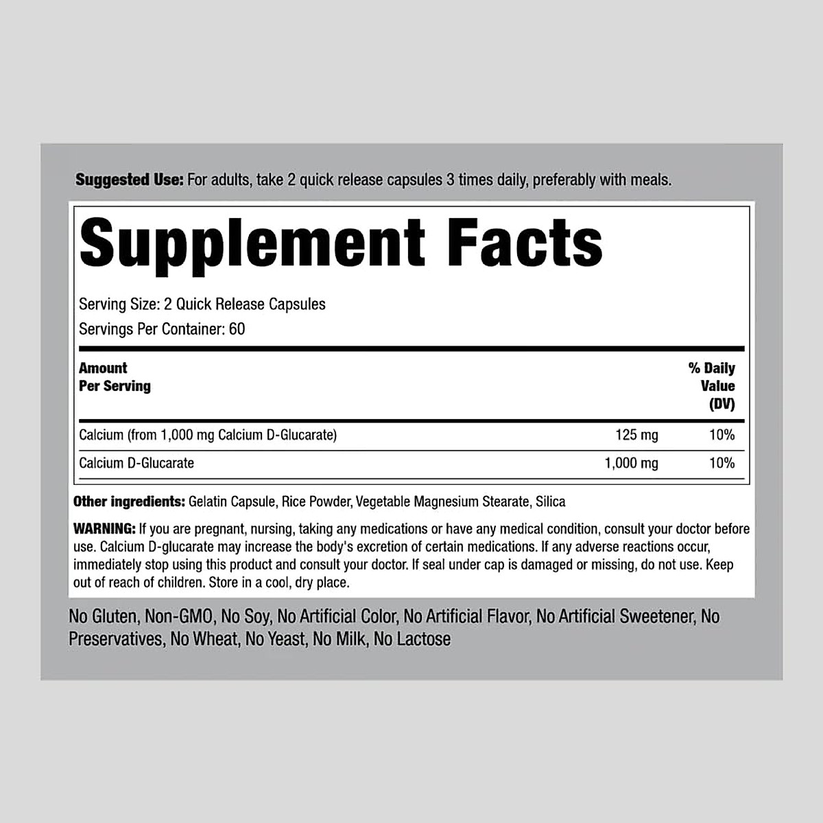 Calcium D Glucarate 1000mg | 120 Capsules | Non-GMO, Gluten Free Supplement | by Piping Rock