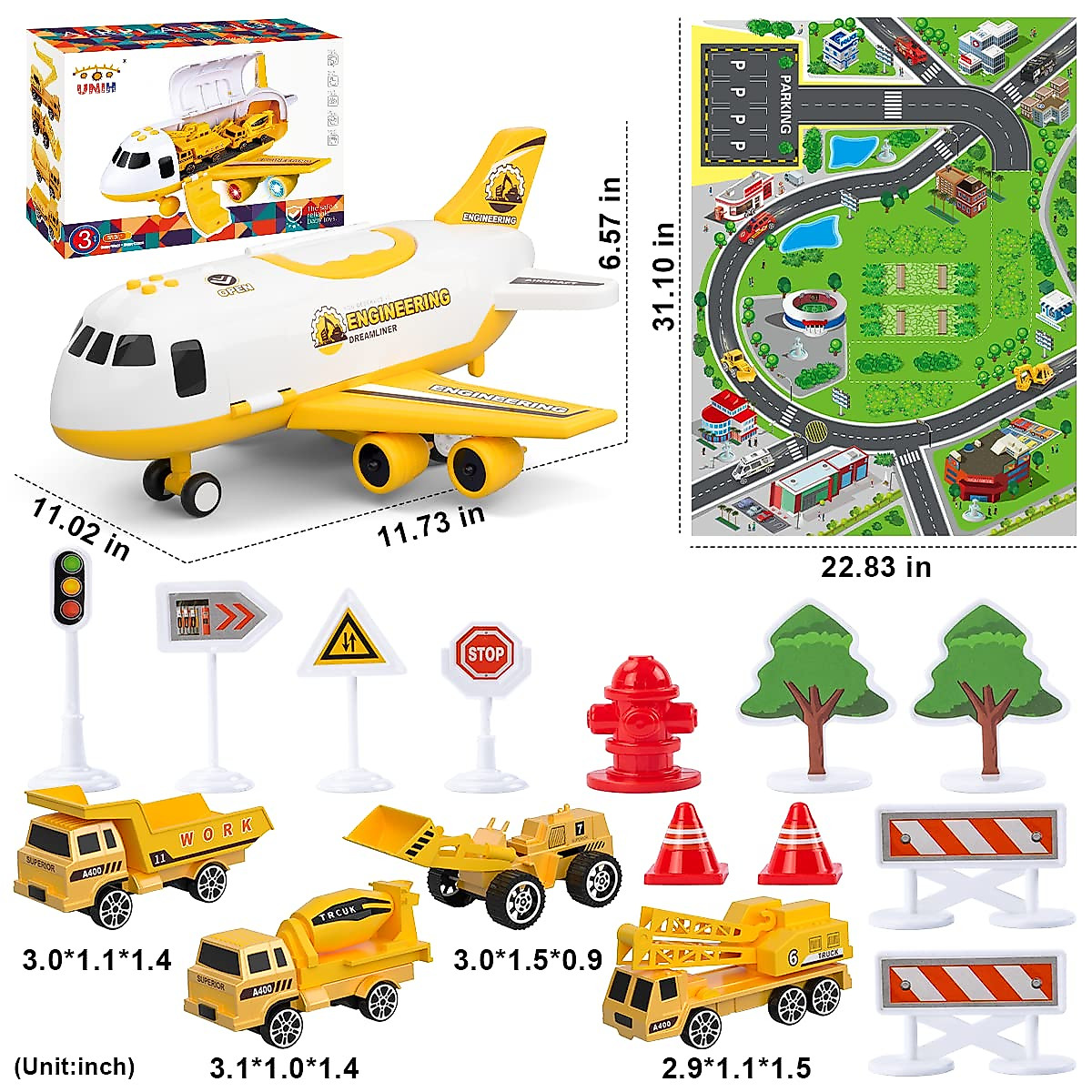 UNIH Toddler Airplane for 2 3 4 5 Year Old Boys & Girls, Kids Toys Plane with Lights and Sounds, Transport Cargo Airplane with 4 Construction Cars