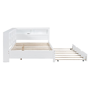 Harper & Bright Designs Full Daybed Frame with L-Shaped Bookcases, Wood Bed Frames with Trundle and USB Ports,Full Size Platform Bed with Storage Shelf and Charging Station for Kids Girls Boys, White