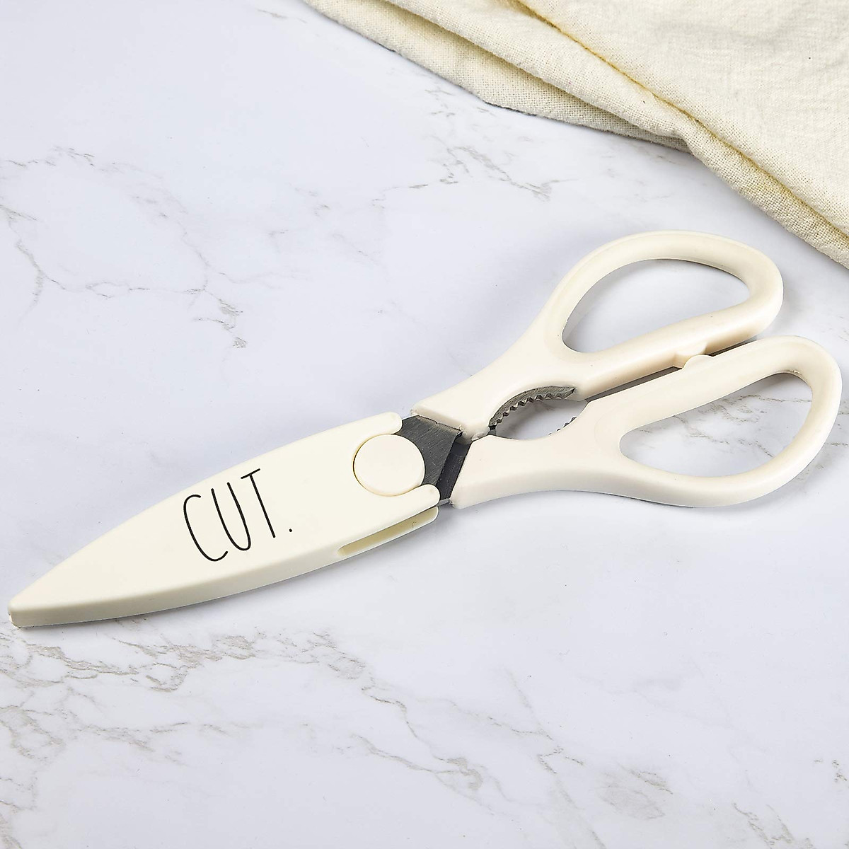 Rae Dunn Kitchen Scissors- Stainless Steel Kitchen Shears, Cooking Scissors for Cutting Meat, Chicken, Herbs and Produce with Blade Cover and Soft Grip Handles(White)