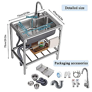 Free Standing Stainless Steel Single Bowl Utility Sink Commercial Restaurant Kitchen Sink with Faucet Indoor Outdoor Wash Basin