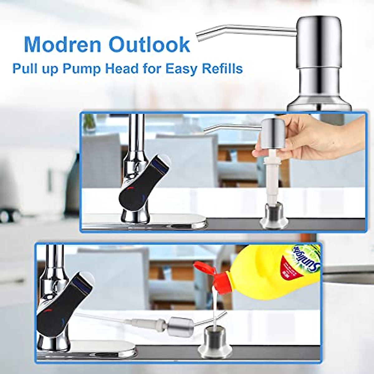 Dish Soap Dispenser for Kitchen Sink Built in Soap Dispenser Stainless Steel Soap Pump with 47" Extension Tube and 300ml Bottle Matte (Silver)