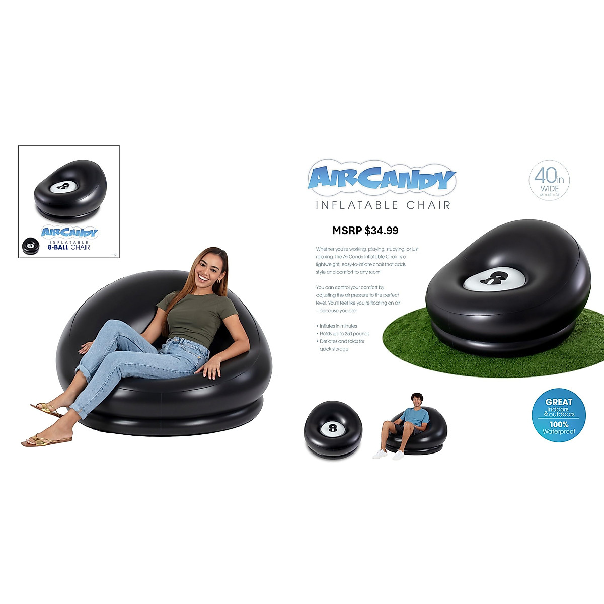 Air Candy Inflatable 8 - Ball Chair - It's a Comfortable seat as Well as a Stylish Addition to Your Game Room, Dorm Room or Anywhere to use Both Indoors & Outdoors.
