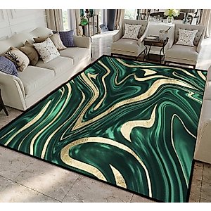 Green and Gold Marble Swirl Modern Abstract Emerald Green Area Rug for Living Room Bedroom Ultra Soft Carpet Under Dining Table Non-Slip Floor Mat Aesthetic Home Office Carpets