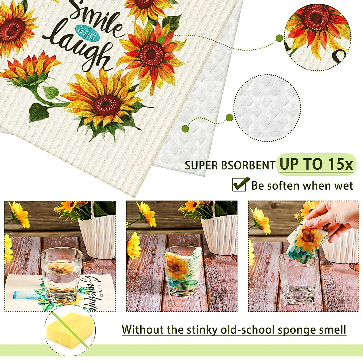 6 Pcs Swedish Kitchen Dishcloths Kitchen Towels, Absorbent Dish Towels, Reusable Sponge Cleaning Dish Cloths Quick Drying Washable Decorative Tea Towels No Odor Bar Hand Towel (Sunflower)