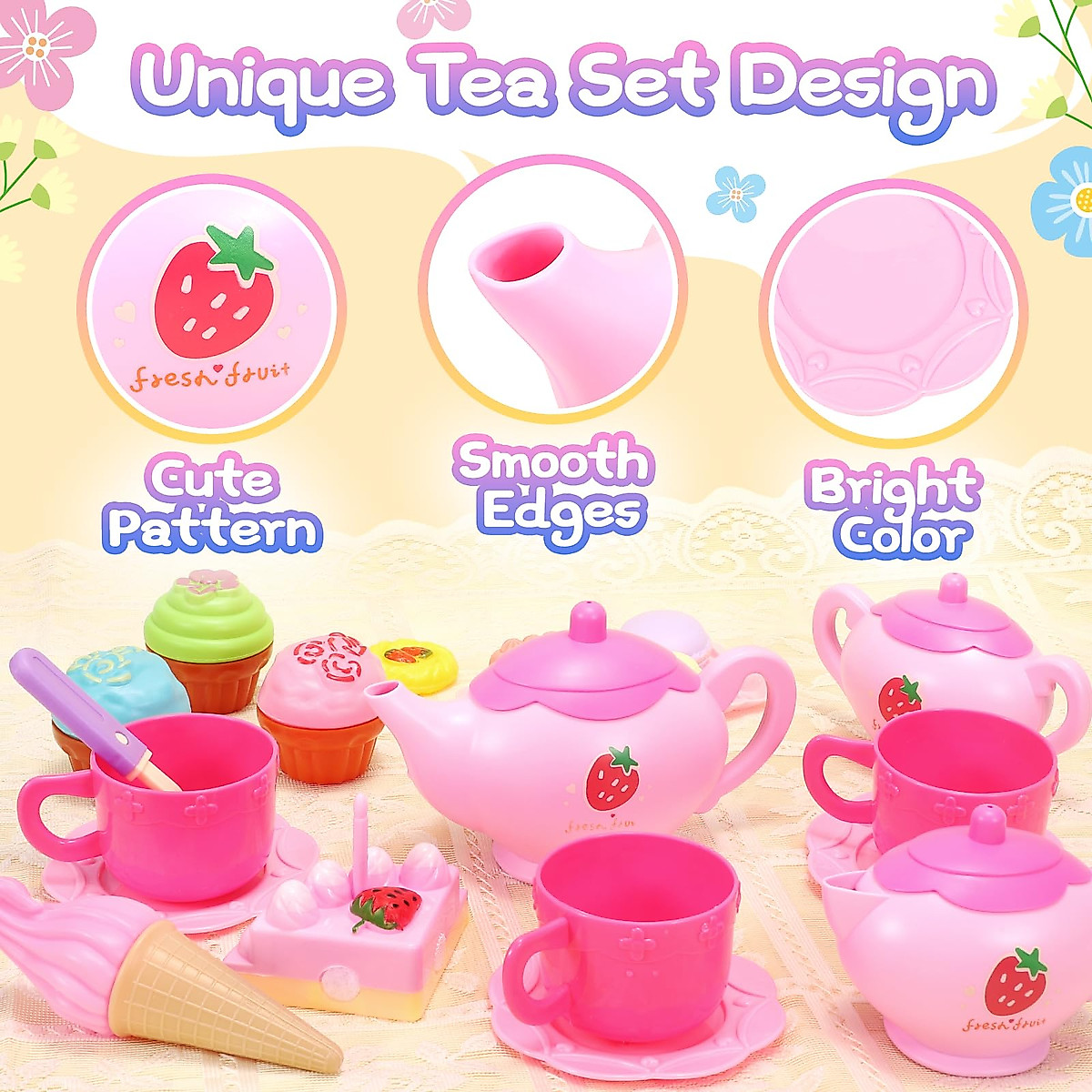 Tagitary Tea Party Set for Little Girls,Toys Tea Set Princess Pretend Play Toys,Including Dessert Cookies Teapot Cups Tablecloth and Carrying Case,Learning Toys Birthday Party Gift for Toddlers