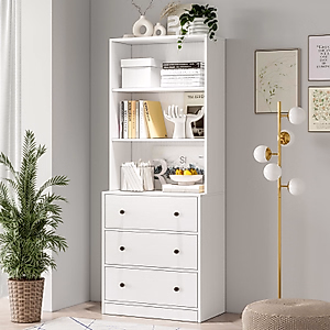 TUSY 71" Bookshelf Bookcase, 3-Tier Modern Bookshelves 3 Large Drawer, Wood Filing Cabinet with Open Storage Shelf, Glass Doors 5-Tier Fixed Storage Shelves for Home Office