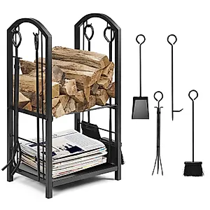 Tangkula Firewood Rack with 4 Fireplace Tools, Firewood Rack Bin Log Holder with Fire place Assecories Tools Set Includes Brush, Shovel, Poker, and Tongs(17.5 x 12 x 29.5 inches)