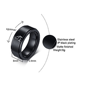 Viking Wolf Spinner Ring for Men Women, Stainless Steel Wolf Head Wolves Spirit Anxiety Band Ring, Fenrir Wolf Finger Rings, Wolf Fans Jewelry Gifts, Black, Size 11