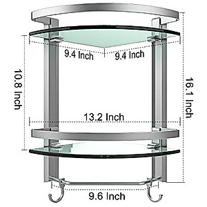 Vdomus 2 Tier Glass Corner Shelf, Bathroom Organizer Shower Caddy, Shower Shelve with Towel bar Wall Mounted, Glass Bathroom Shower Shelf Brushed Silver Finished