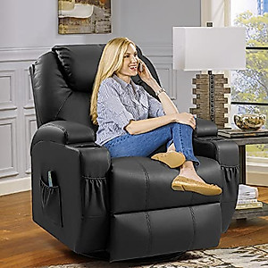 YESHOMY Swivel Rocker Recliner with Massage and Heating Functions, Sofa Chair with Remote Control and Two Cup Holders, Suitable for Living Room, Black