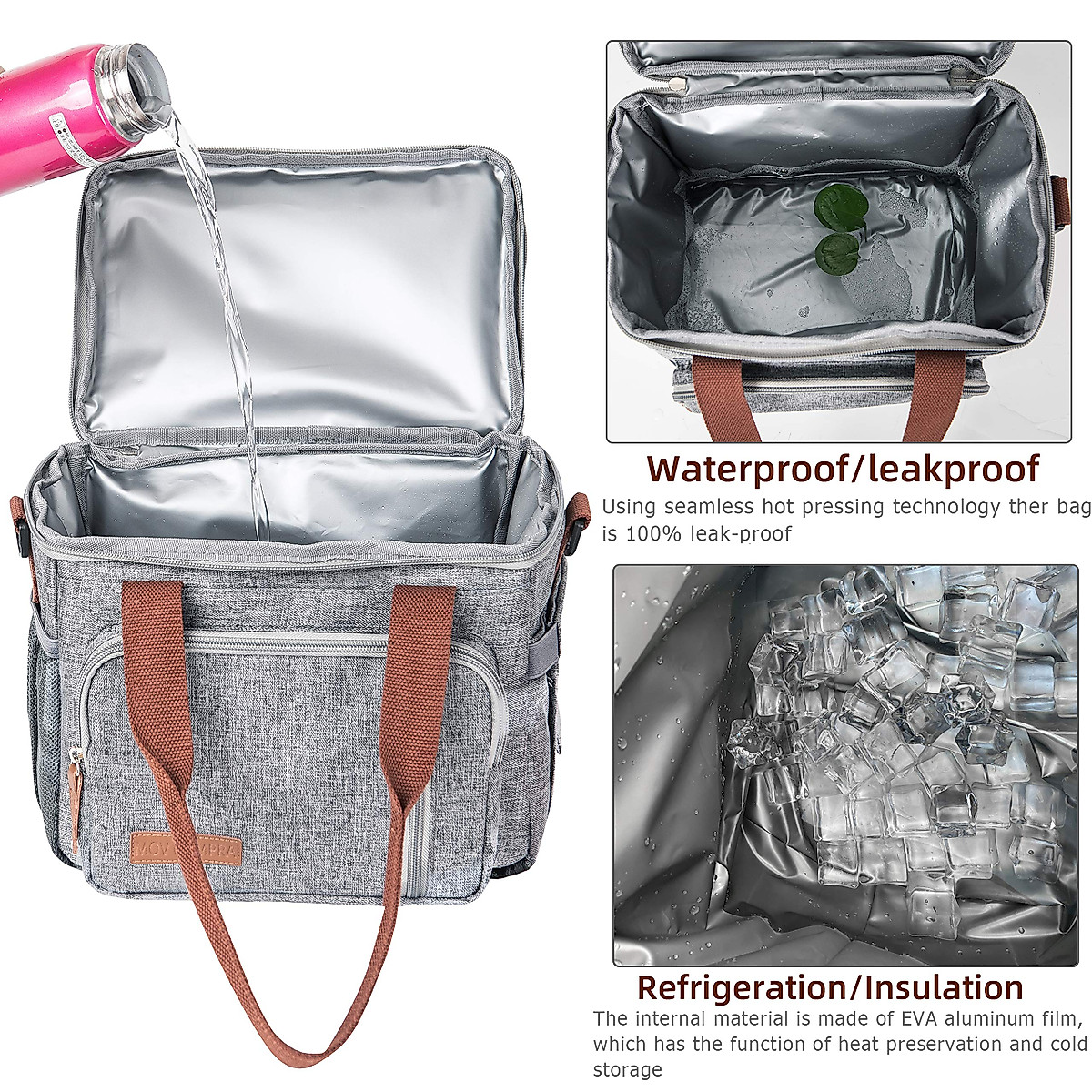 MOV COMPRA Adult Lunch Box for Work, Expandable Large Lunch Bags for Women Men, Leakproof Double Deck Lunch Box Cooler Tote Bag with Removable Shoulder Strap (Grey)