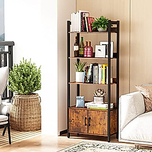 Furologee Bookshelf and Bookcase with Doors, Tall 61" Free Standing Display Shelving Units with 4-Tier Shelves, Industrial Storage Cabinet for Home Office, Living Room, Bedroom, Bathroom, Rustic Brown