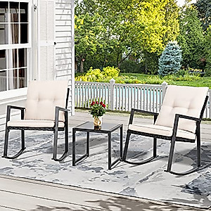 JAMFLY 3-Piece Patio Rocking Bistro Set, Outdoor Wicker Furniture Balcony Porch Chairs Conversation Sets with Glass Coffee Table (Beige)