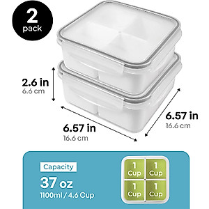 carrotez Food Storage Containers, 4 Compartment Portion Control Container, Snack Container For Adults, Meal Prep Container, Reusable, Microwave Safe, 4.6 Cup (1100ml), Pack of 2